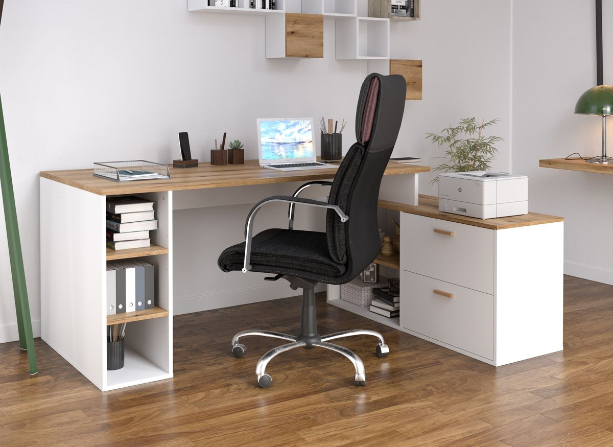 Bureau d'angle droit PRAGUE imitation chêne et blanc | BOBOCHIC